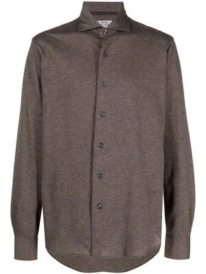 ORIAN Spread Collar Piqué Shirt - Brown