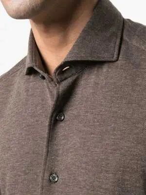 ORIAN Spread Collar Piqué Shirt - Brown