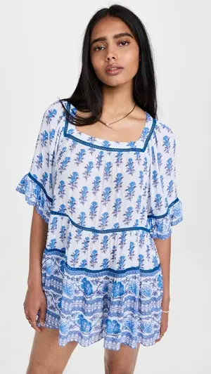 Playa Lucila Drop Waist Floral Print Dress - Blue Border Print