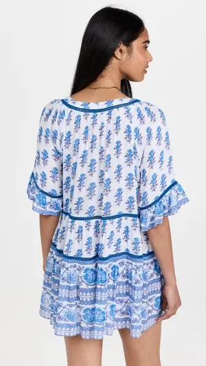 Playa Lucila Drop Waist Floral Print Dress - Blue Border Print
