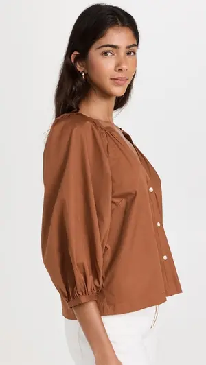 Staud Gathered Puff-sleeve Button-down Top - Tan