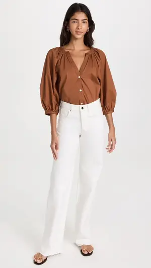 Staud Gathered Puff-sleeve Button-down Top - Tan