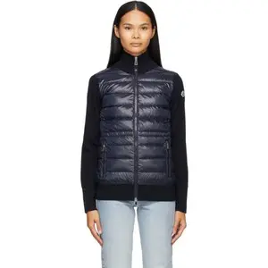 Moncler Moncler White Down Panelled Zip-Up Jacket - 742 Navy