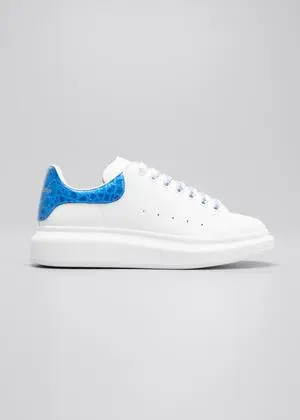 Alexander McQueen Men's Leather Sneakers W/ Croc-Print Back - Creamskybl