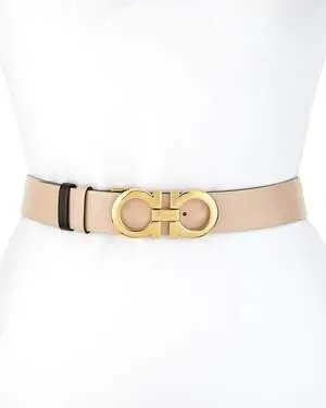 FERRAGAMO Gancini-Buckle Reversible Leather Belt Beige