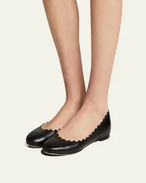Chloé Lauren Scalloped Leather Ballet Flats - Black