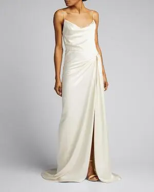 Monique Lhuillier Ruched Satin Column Gown - Black