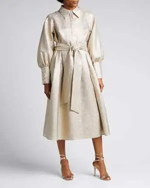 Rickie Freeman For Teri Jon Metallic Jacquard Puff-Sleeve Shirt Dress -  Gold | Editorialist