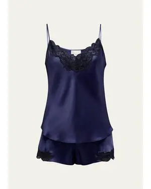 Christine Lingerie Bijoux Short Lace-trim Silk Pajama Set - Navy