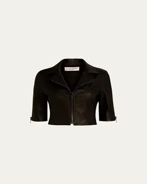 SUSAN BENDER Cropped Leather Moto Jacket - Black