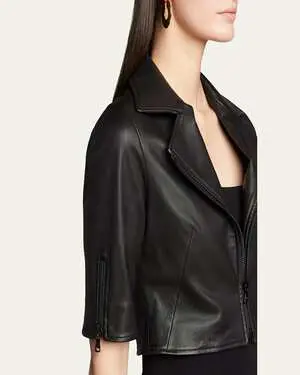 SUSAN BENDER Cropped Leather Moto Jacket - Black