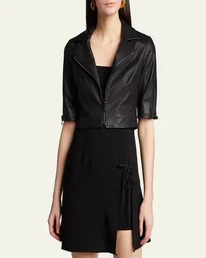 SUSAN BENDER Cropped Leather Moto Jacket - Black