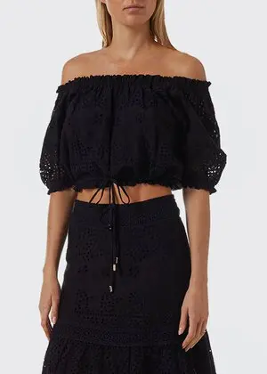 Melissa Odabash Francesca Off-the-Shoulder Eyelet Crop Top - Black