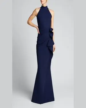 Chiara Boni La Petite Robe Side Ruched Halter Gown With Ruffle - Passion