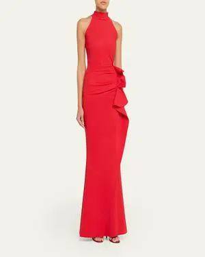 Chiara Boni La Petite Robe Side Ruched Halter Gown With Ruffle - Passion