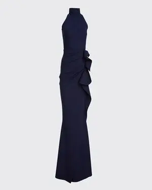 Chiara Boni La Petite Robe Side Ruched Halter Gown With Ruffle - Passion