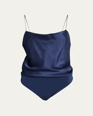 Alice + Olivia Harmon Satin Bodysuit - Navy