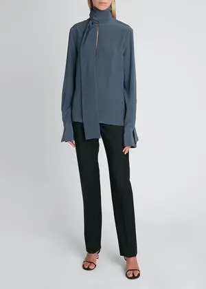 Givenchy Tie-Neck Silk Blouse Steel Blue