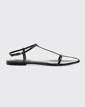 JIL SANDER T-Strap Leather Flat Sandals - Black