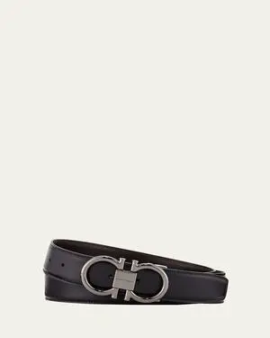 FERRAGAMO Double Gancini Reversible Leather Belt - Black