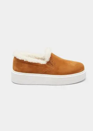 Prada Suede Shearling Slip-On Sneakers - Cognac