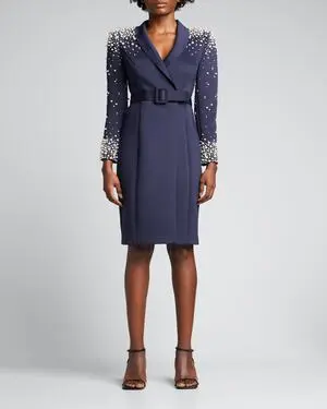 Badgley Mischka Embellished Long-Sleeve Scuba Coat Dress In Navy/Ivory -  51% Off | Editorialist