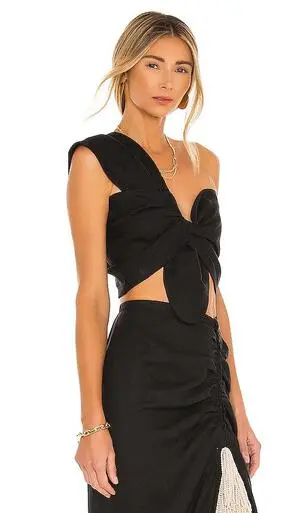 JBQ One Shoulder Linen Top With Front Twist Detail - Black