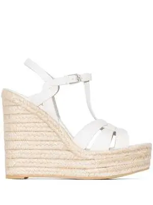 Saint Laurent Tribute 85mm Leather Espadrille Wedges - White