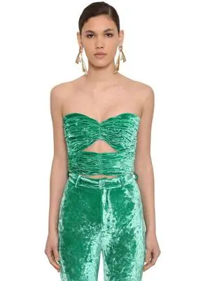 Attico Strapless Draped Stretch Velvet Top - Emerald