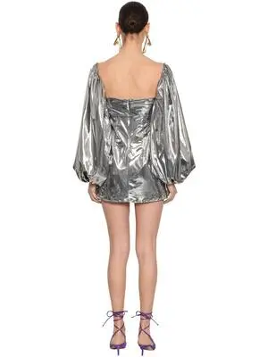 Attico Metallic Jersey Mini Dress W/ Bow - Silver