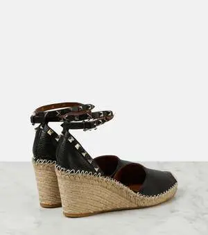 Valentino Garavani Rockstud Double Leather Wedge Espadrilles - Black