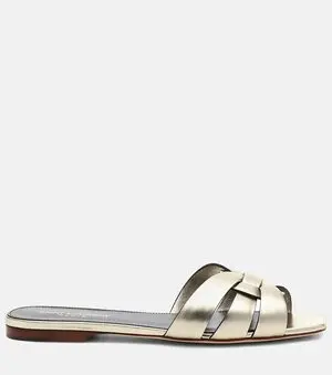 Saint Laurent Tribute Nu Pieds Leather Slides - Gold