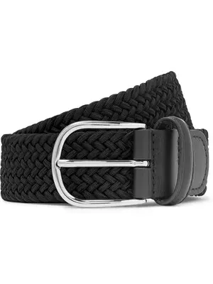 Anderson's 3.5cm Leather-Trimmed Woven Elastic Belt Black