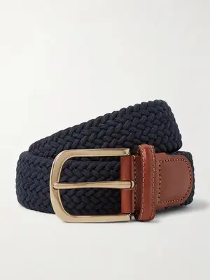 Anderson & Sheppard 3.5cm Leather-trimmed Woven Elastic Belt - Blue