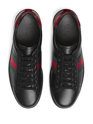 Gucci Ace Leather Sneakers With Signature Web Detailing - Black