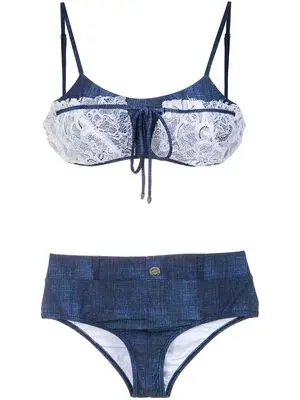 AMIR SLAMA Lace Applique Denim Bikini Set - Blue