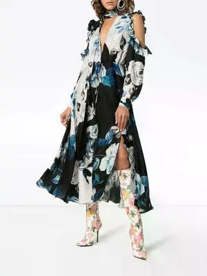 Off-White Floral Flared Silk Midi Dress