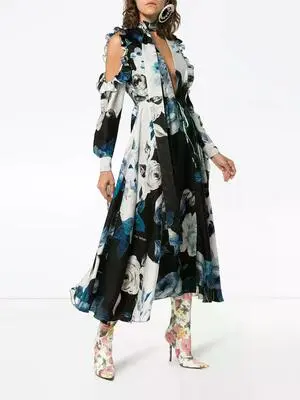 Off-White Floral Flared Silk Midi Dress