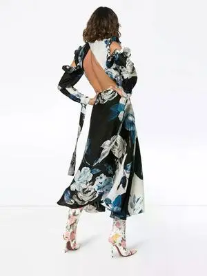 Off-White Floral Flared Silk Midi Dress