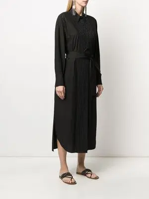Brunello Cucinelli Pleated Bib Belted Shirt Dress