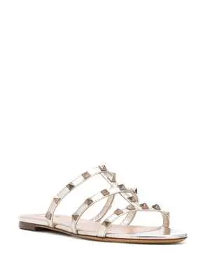 Valentino Garavani Rockstud Flat Metallic Nappa Slide Sandals - Gold