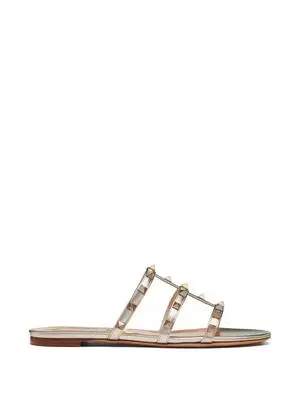 Valentino Garavani Valentino Garavani Rockstud Flat Metallic Nappa Slide Sandals Gold