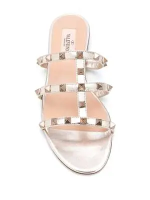 Valentino Garavani Rockstud Flat Metallic Nappa Slide Sandals - Gold
