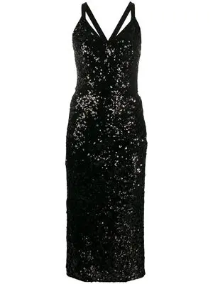 Dolce & Gabbana Sequinned V-neck Midi Dress - Black