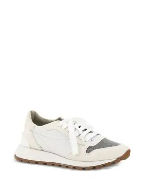 Brunello Cucinelli Panelled Leather And Fabric Sneakers - Neutrals