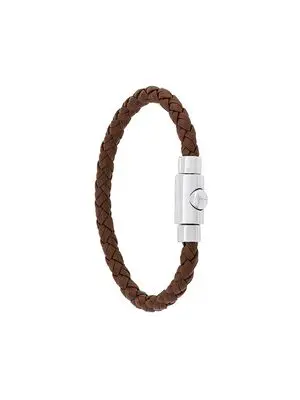 FERRAGAMO Braided Leather Bracelet With Palladium Finish Clasp - Brown