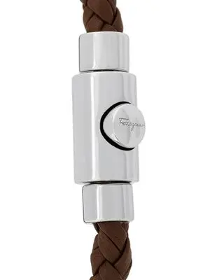 FERRAGAMO Braided Leather Bracelet With Palladium Finish Clasp - Brown