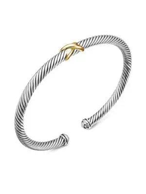 David Yurman 18kt Yellow Gold And Sterling Classic Cable Station Bracelet - Silver