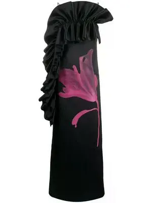CHRISTOPHER KANE Ruffle Trim Evening Dress - Black