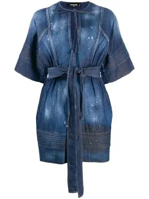 Dsquared2 Denim Dress With V-neck And Belted Waist - Blue